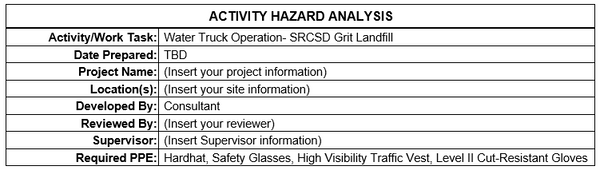AHA/JSA - Water Truck Operation- Landfill – Yellowknife Safety